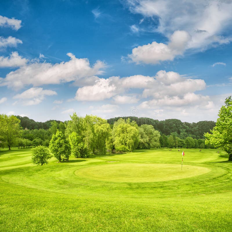 Golf Course. Spring Field with Green Grass and Blue Sky Stock Image ...