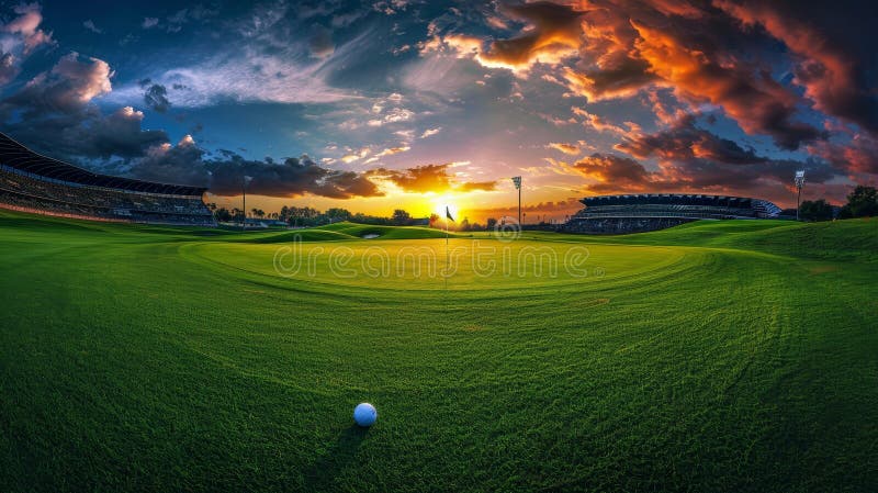 Golf Course Sunset a Golf Ball Sits on the Green of a Golf Course with ...