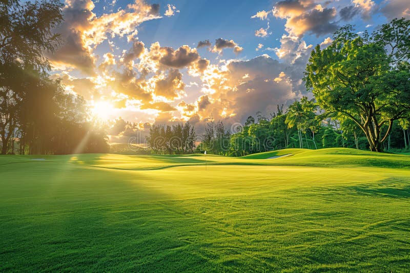 Golf Course at Sunset with Beautiful Sky, Clouds and Green Grass Stock ...