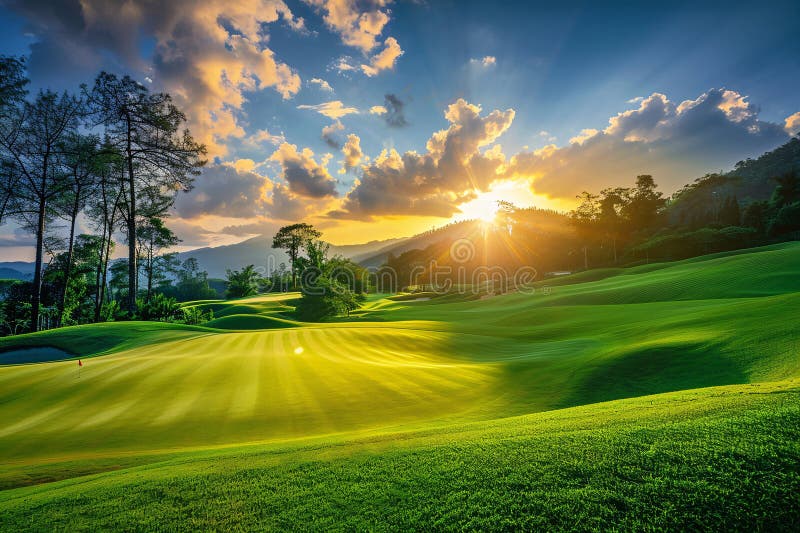 Golf Course at Sunset with Beautiful Sky Stock Illustration ...