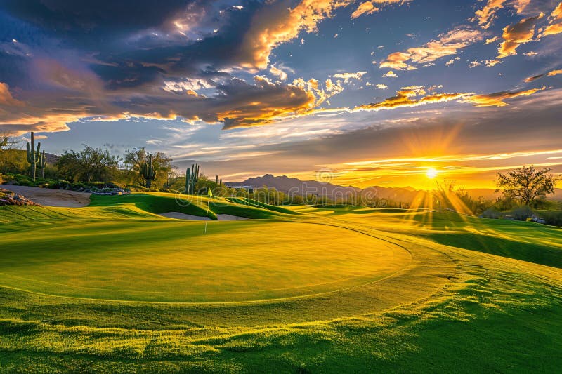 Golf Course at Sunset with Beautiful Sky and Green Grass Stock ...