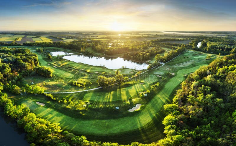 Golf Course at Sunset with Beautiful Sky and Sand Trap. Scenic ...