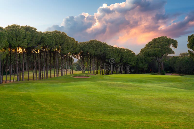 Panorama of Golf Course at Sunset with Beautiful Sky. Scenic Panoramic ...