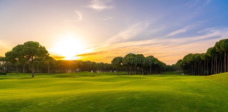 Scenic Panoramic View of Golf Course at Sunset with Beautiful Sky. Golf ...