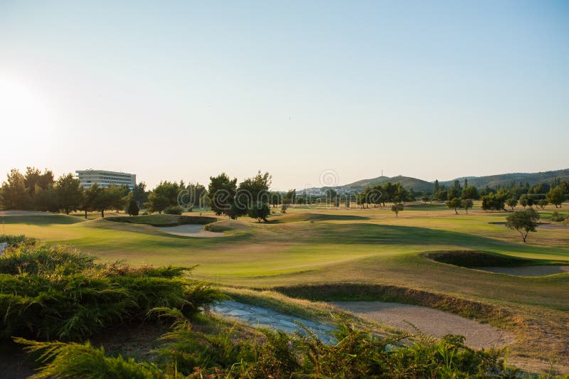 Golf Course at Sunset, Empty Golf Club Stock Image - Image of beautiful ...