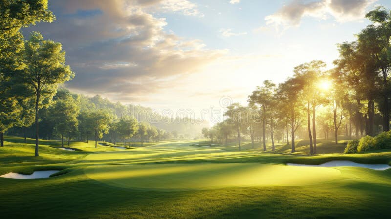 Golf Course Sunset: Lush Green Fairway and Trees Stock Illustration ...