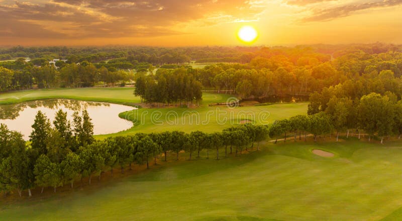 Golf Course at Sunset. Scenic Panoramic Aerial View of Golf Course at ...