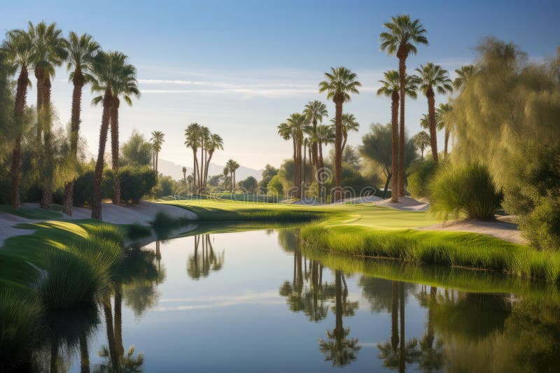A Tropical Golf Course Surrounded by Palm Trees and Water Under a ...