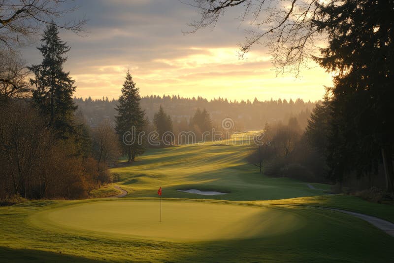 Golf Course Surrounded by Trees and Sunlight Stock Photo - Image of ...