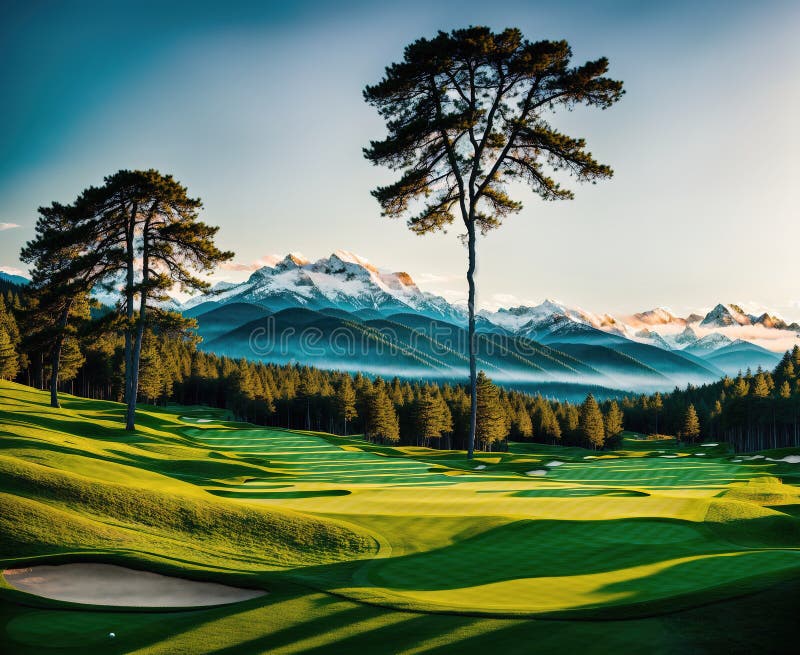 A Golf Course with Trees and Mountains in the Background. Stock Photo ...