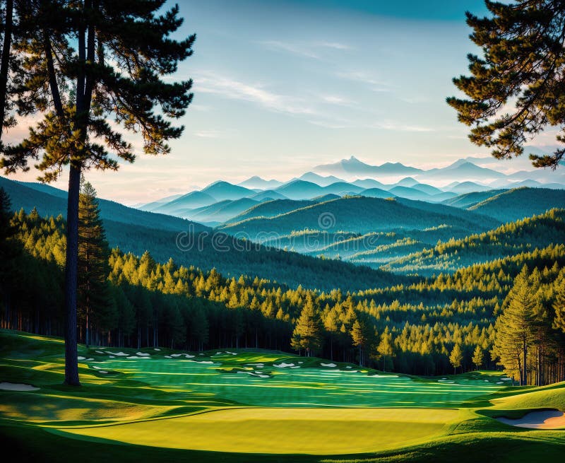 A Golf Course with Trees and Mountains in the Background. Stock Image ...
