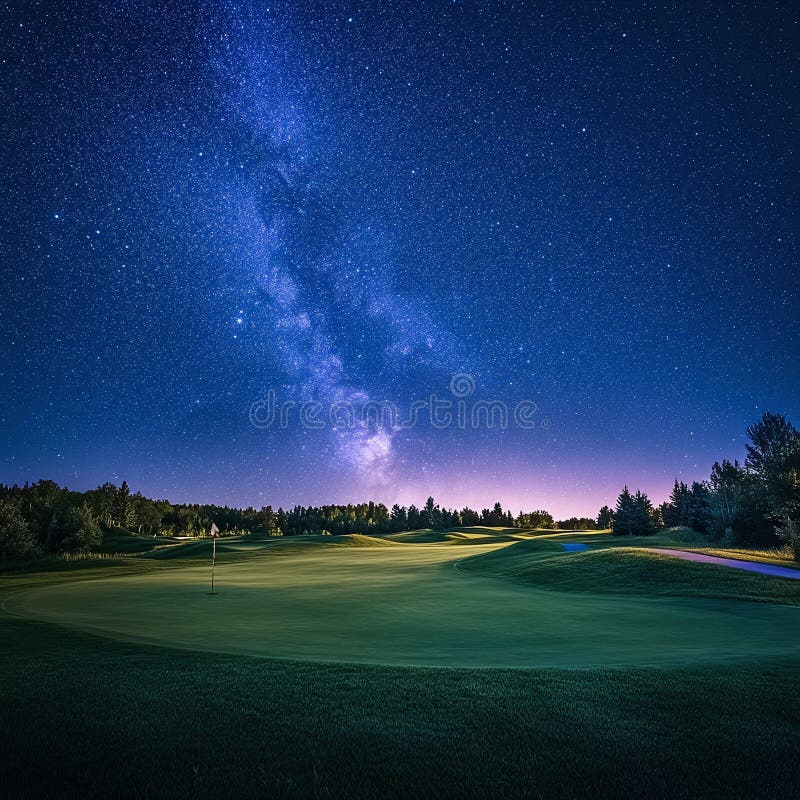 Golf Course Under Starry Night Sky Stock Illustration - Illustration of ...