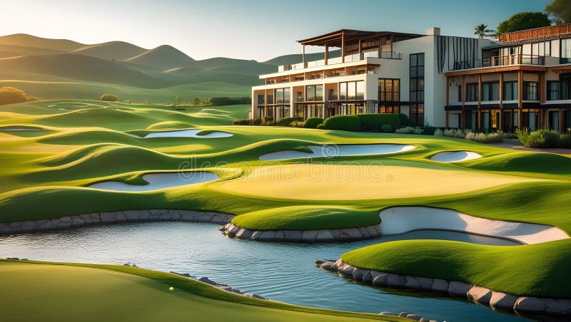 A Golf Course View with a Resort Building in the Background Stock ...