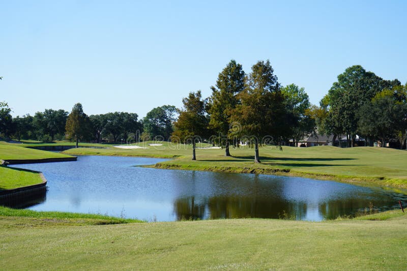 Golf Course View with Trees and Pond in Summer Stock Photo - Image of ...