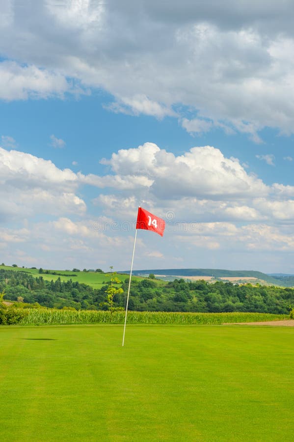 Golf Field Green Grass Red Flag Cloudy Blue Sky Stock Photo - Image of ...