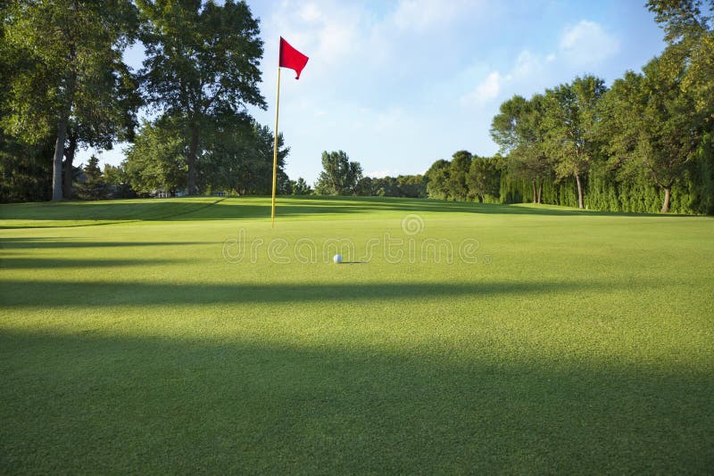 Golf Green with Red Flag and Ball on a Sunny Afternoon Stock Image ...