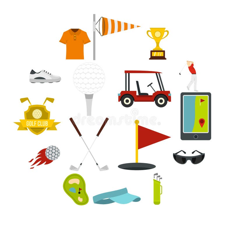 Golf Items Icons Set in Flat Style Stock Vector - Illustration of ...