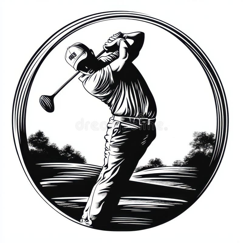 Golf Player Swinging Black and White Illustration Golf Course Sport ...