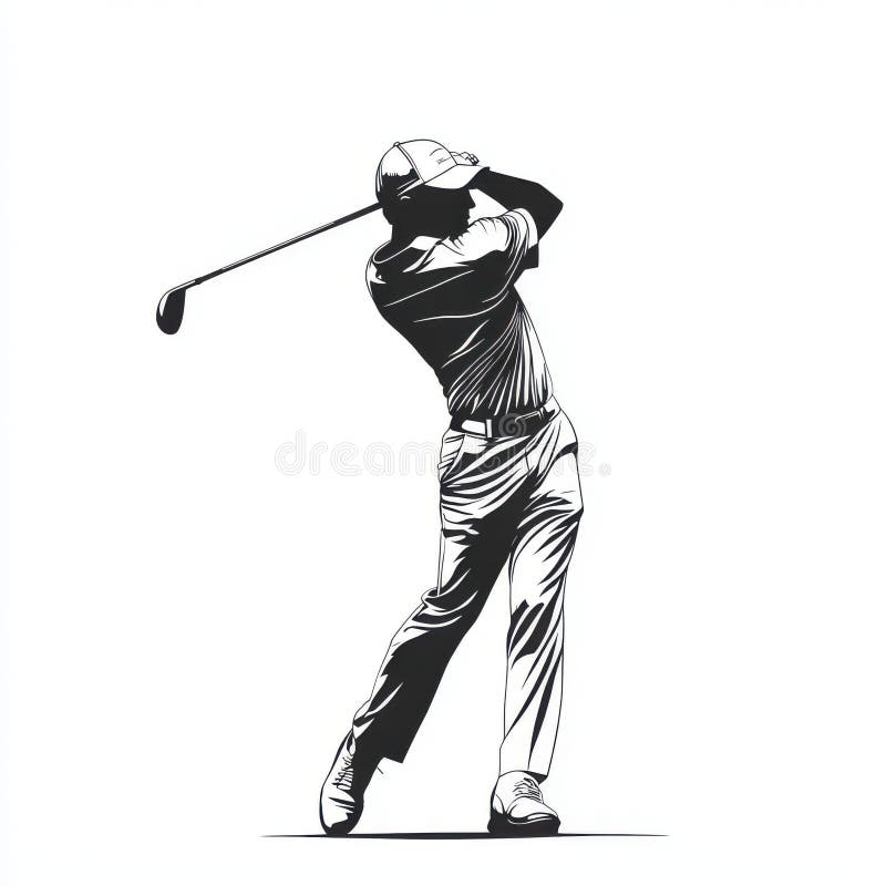 Golf Player Swinging Club Black and White Illustration Stock ...