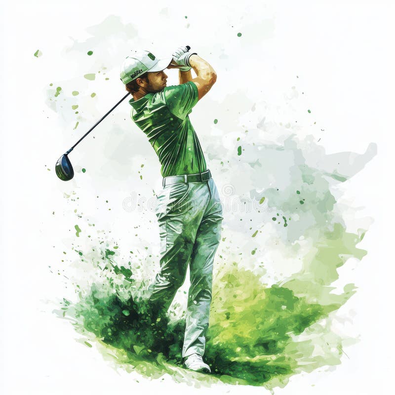 Golf Player Swinging Driver Green Fairway Watercolor Style Stock ...