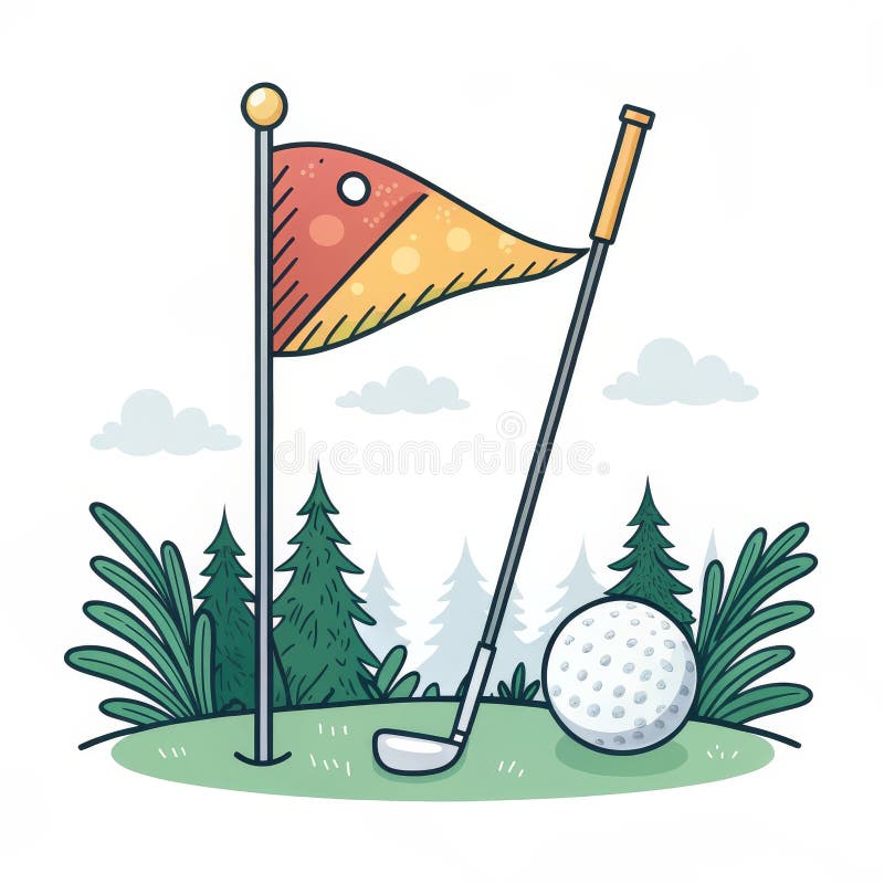 Golf Scene Putter, Flag, Ball Illustration, Cartoon Style, Vector, Golf ...