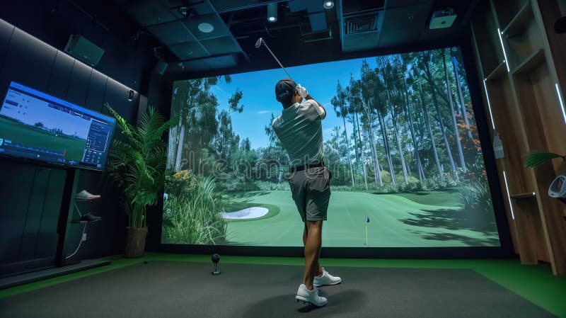 Golf Simulator. Golfer Playing Golf in Indoor Simulator Stock Photo ...