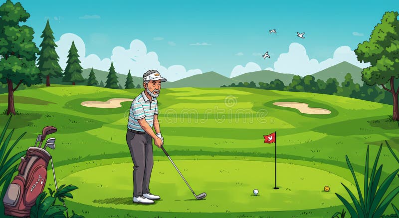 Golfer on a Golf Course. Vector Illustration of a Man Playing Golf ...