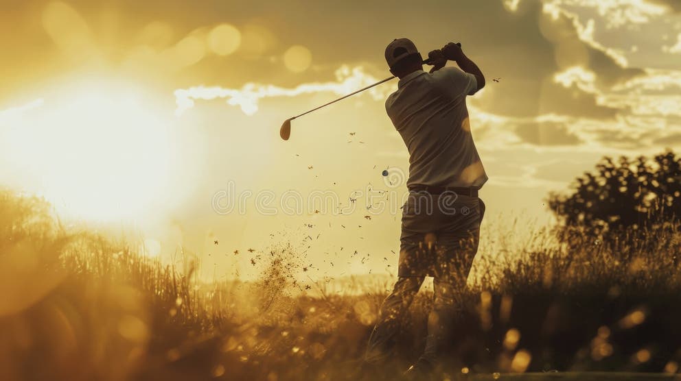 A Golfer Hitting a Shot on a Grassy Course with a Dramatic Sunset in ...