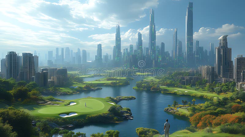 Golfer Overlooking Futuristic City Golf Course Stock Illustration ...