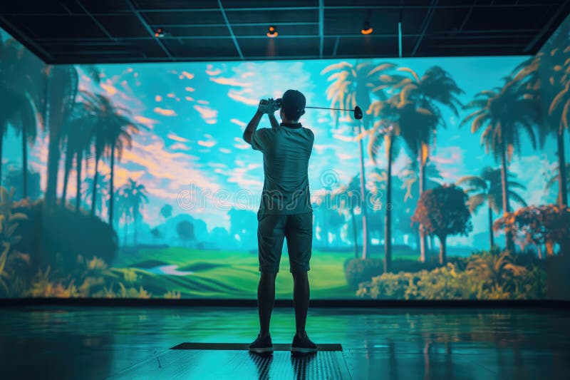Golfer Playing Golf in Indoor Simulator Mixed Media. Golf Simulator ...