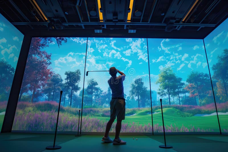 Golfer Playing Golf in Indoor Simulator Mixed Media. Golf Simulator ...