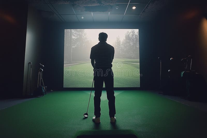 Golfer Playing Golf in Indoor Simulator Mixed Media. Golf Simulator ...