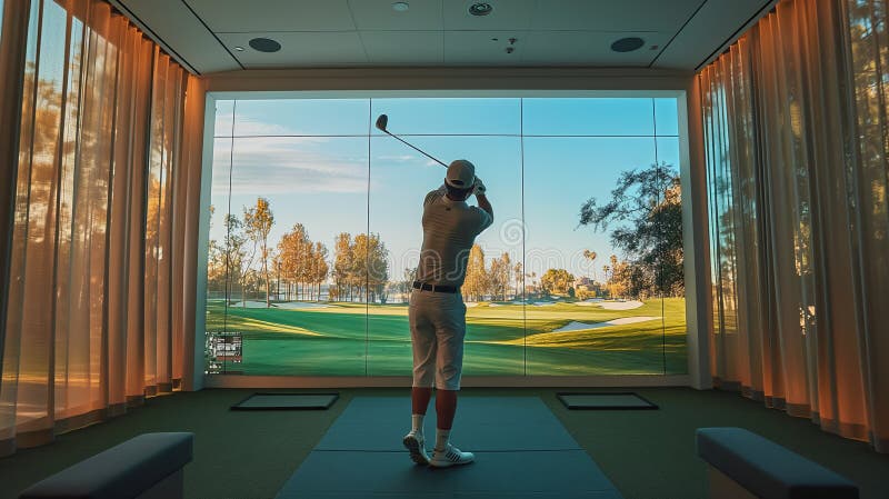 Golfer Playing Golf in Indoor Simulator Mixed Media. Golf Simulator ...