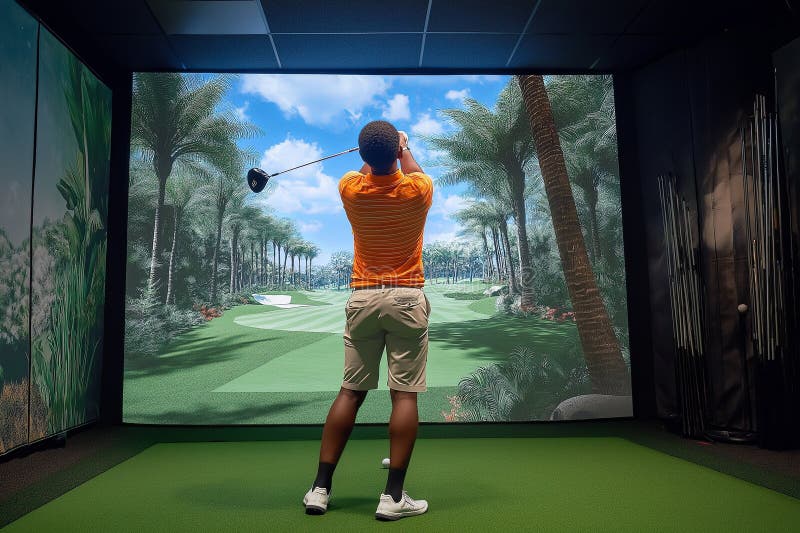 Golfer Playing Golf in Indoor Simulator Mixed Media. Golf Simulator ...
