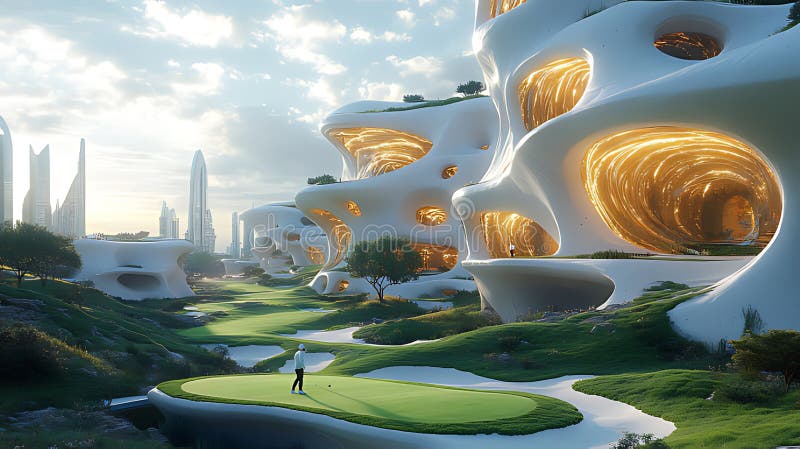 Golfer Plays Futuristic Golf Course, City Skyline Stock Illustration ...