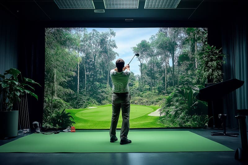 Indoor Golfer Practicing Swing with Virtual Nature Backdrop in Studio ...