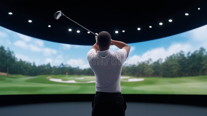 Golfer Practicing Swing in Indoor Simulator with Virtual Golf Course ...