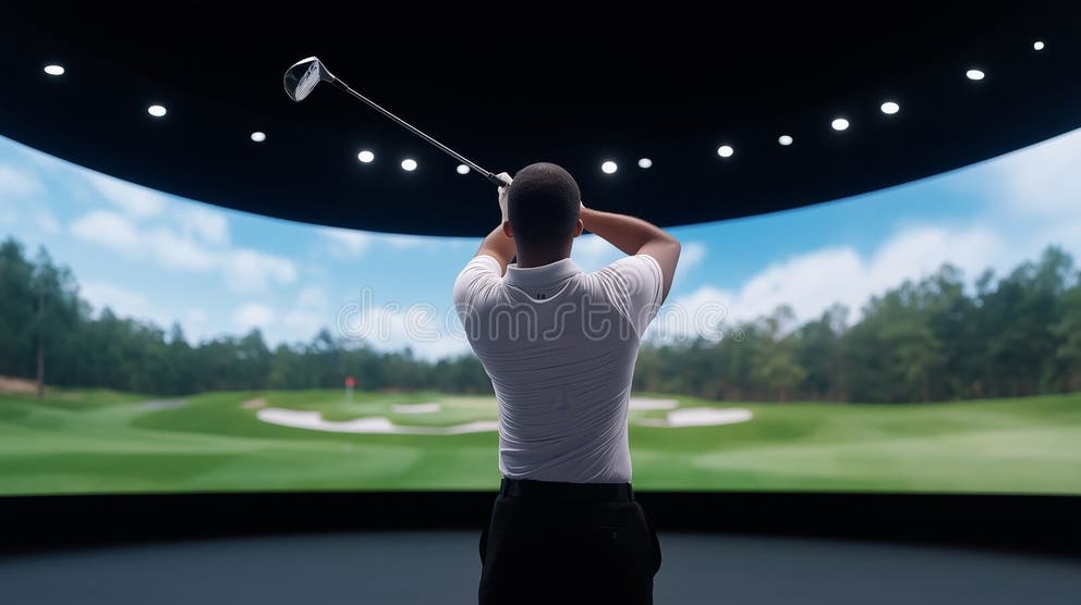 Golfer Practicing Swing in Indoor Simulator with Virtual Golf Course ...