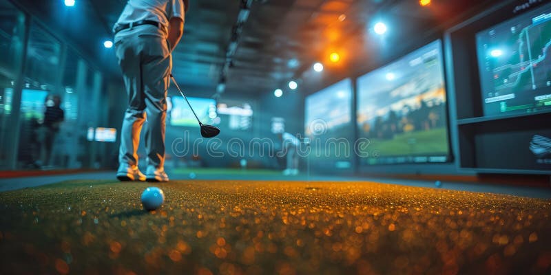 Golfer Preparing To Hit a Ball in an Indoor Golf Simulator with Digital ...