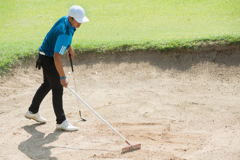 Bunker Or Sand Trap With Rake At Golf Course Stock Image - Image of ...