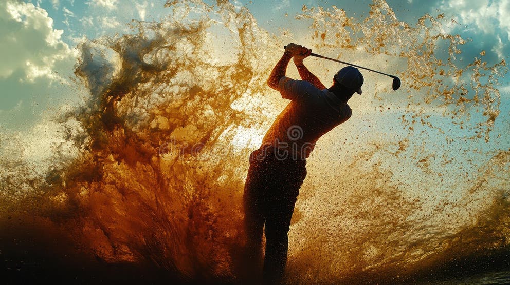 Golfer Swinging with Dramatic Sand Explosion Stock Illustration ...