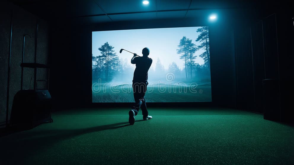 Golfer Swings at Virtual Driving Range in Dramatic Indoor Setting with ...