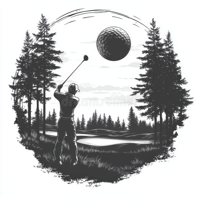 Golfer Teeing Off in a Scenic Forest Landscape a Powerful Drive Stock ...