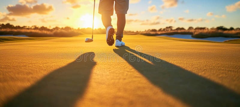 Golfer Walking on a Green Golf Course Stock Photo - Image of sunrise ...