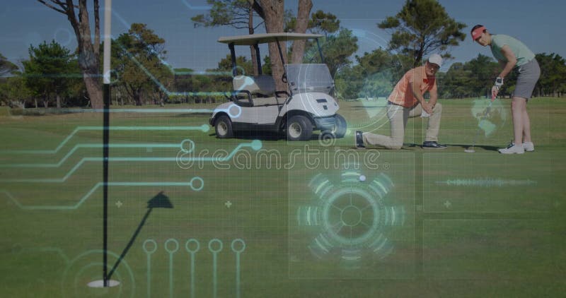 Golfers on Course with Digital Interface Animation Overlaying Golf Cart ...