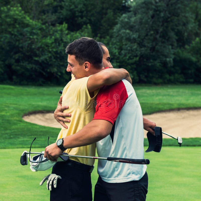 Golfers Having Friendly Hug after Game Stock Photo - Image of golfer ...