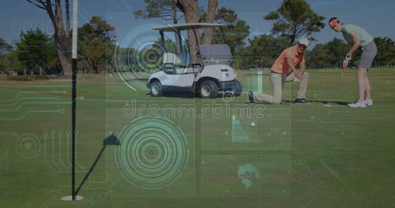 Golfers Putting on Green with Digital Data Processing Animation Overlay ...