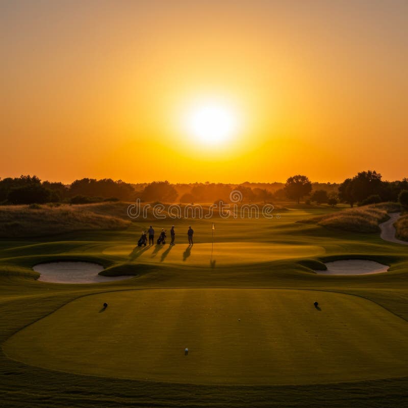 Golfers Silhouette at Sunset on a Green Golf Course Stock Illustration ...