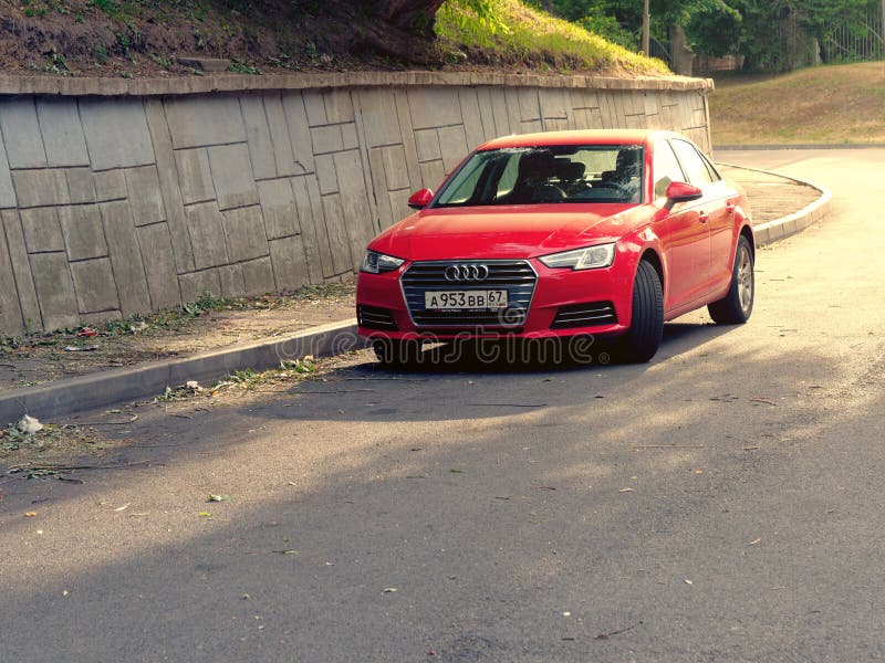 GOMEL, BELARUS - JULY 1, 2019: Red Car AUDI is Parked on the Slope ...