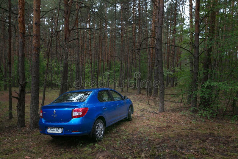GOMEL, BELARUS - 24 MAY 2017: RENO LOGAN Blue Car Parked in a Dark Pine ...